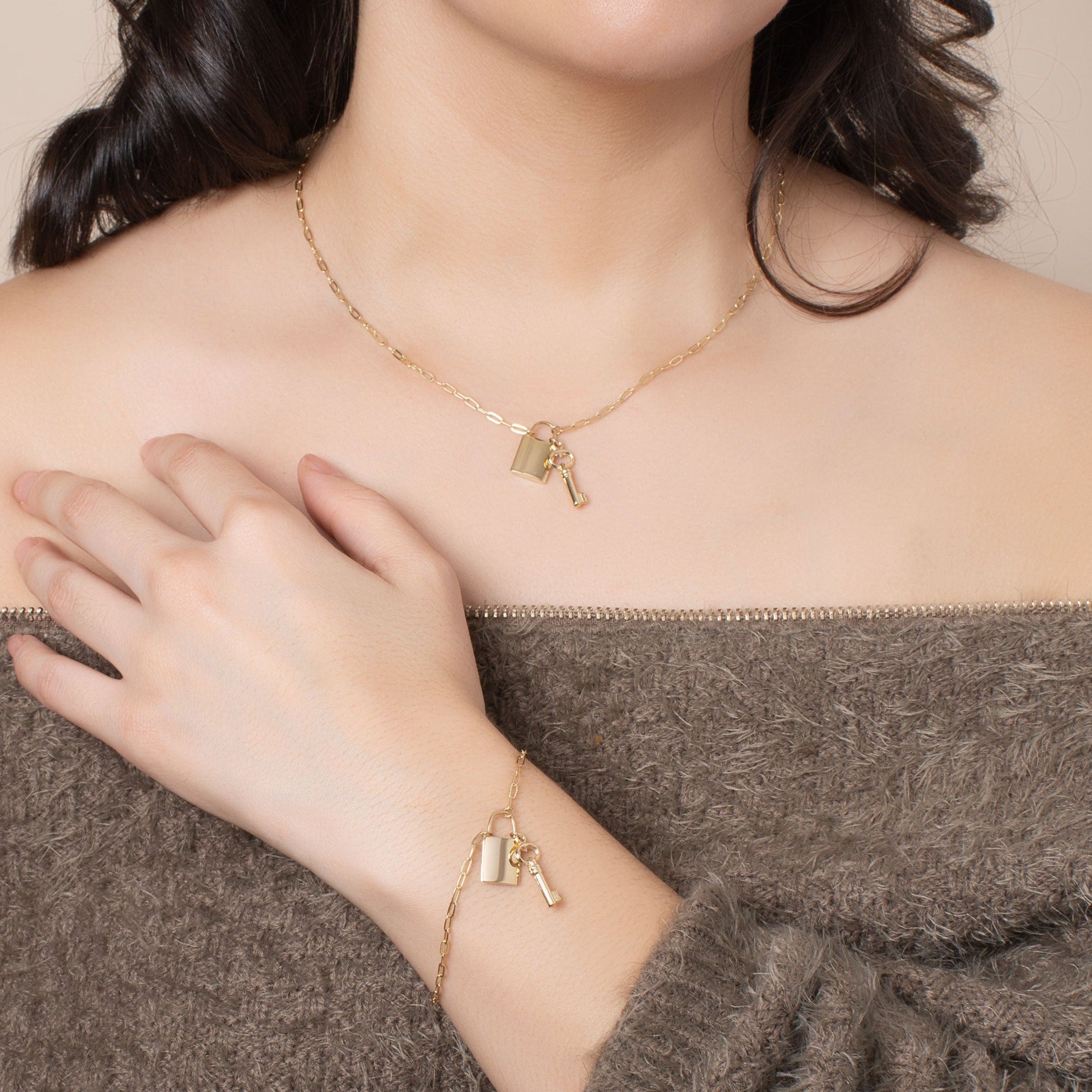 14K Solid Gold Paperclip Lock And Key Bracelet Necklace Set – PJ