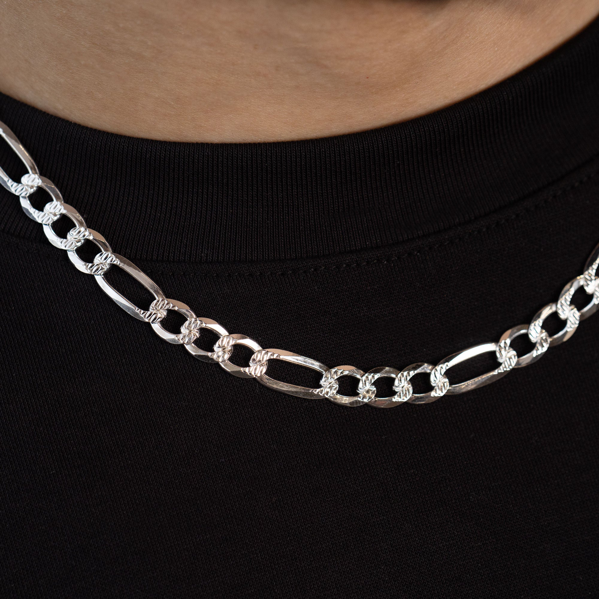 Italy 925 Sterling Silver 7.5MM Diamond Cut Pave Figaro Chain Necklace – PJ